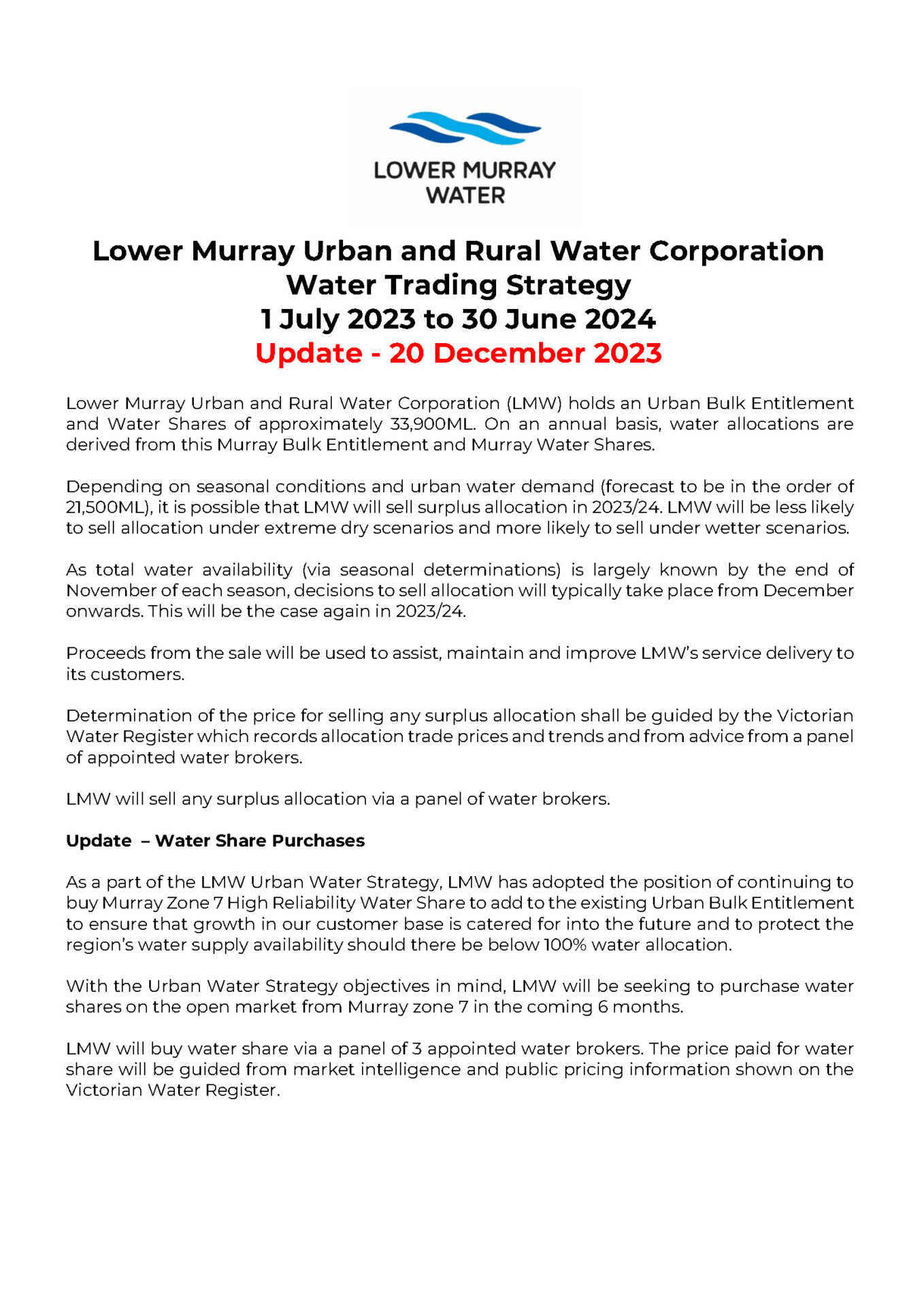 Water Trading Strategy - Lower Murray Water