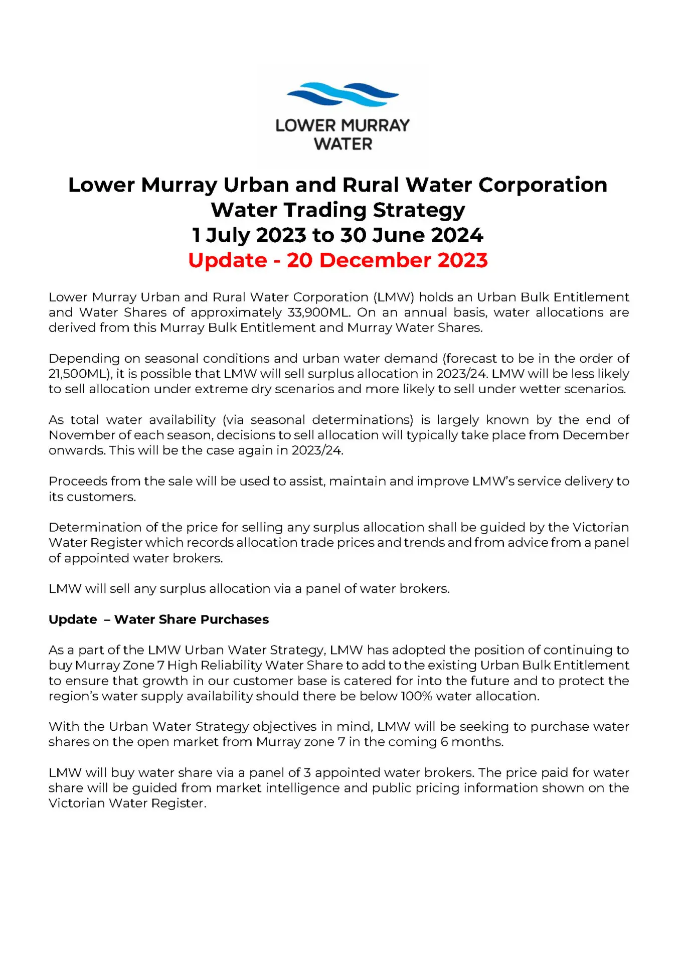Water Trading Strategy - Lower Murray Water