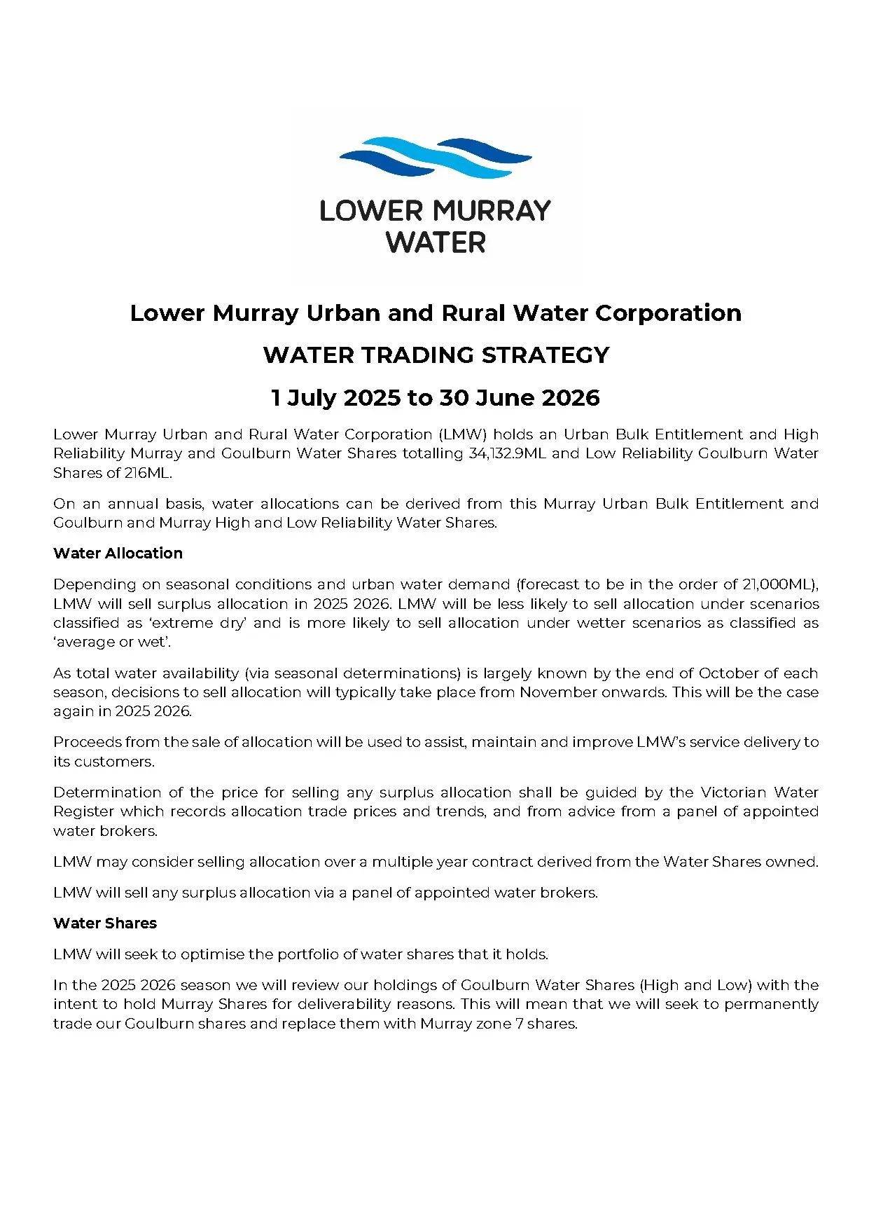 Water Trading Strategy - Lower Murray Water